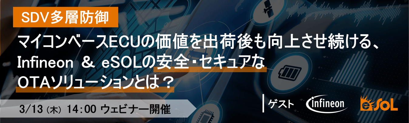 [イーソルWebinar] ご視聴お申し込み_[SDV多層防御] マイコンベースECUの価値を出荷後も向上させ続ける、Infineon ＆ eSOLの安全・セキュアなOTAソリューションとは？